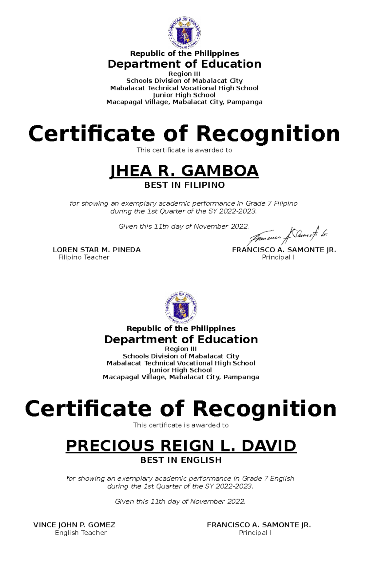 Certificates of Recognition for First Quarter Achievements - Studocu