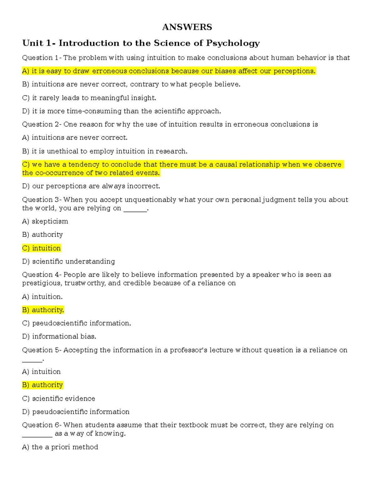 PSYC 2250 Practice Questions Answers - ANSWERS Unit 1- Introduction to ...