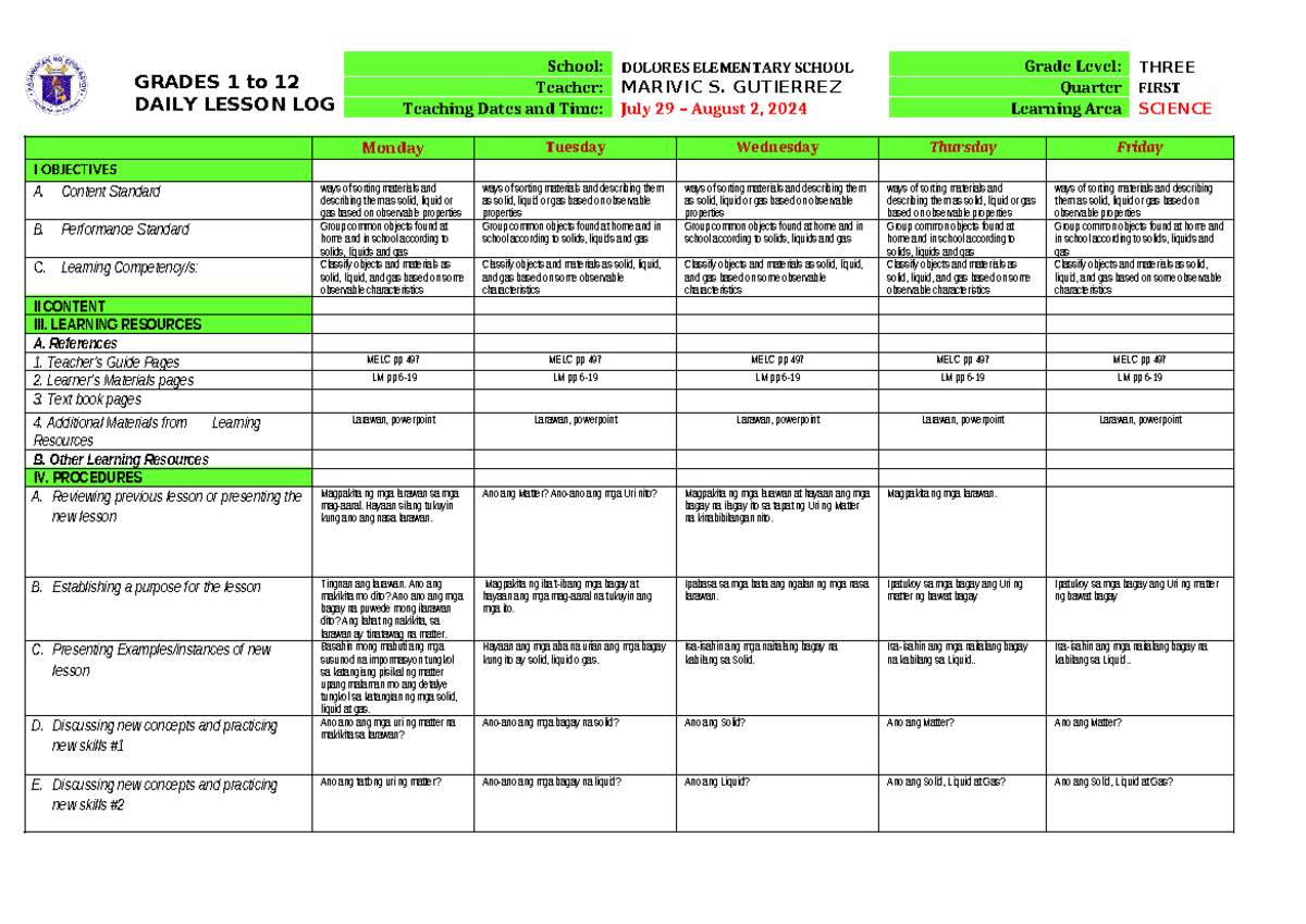Science- Q4 WEEK 1 - DWLP - GRADES 1 to 12 DAILY LESSON LOG School ...