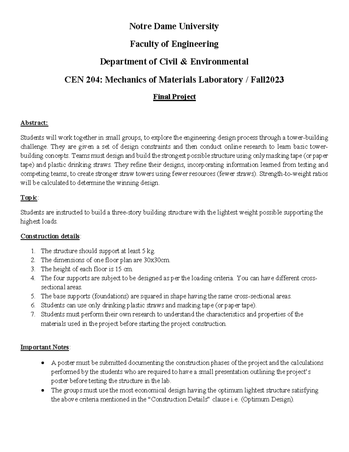 CEN 204: Fall 2023 Final Project - Straw Tower Design Challenge - Studocu