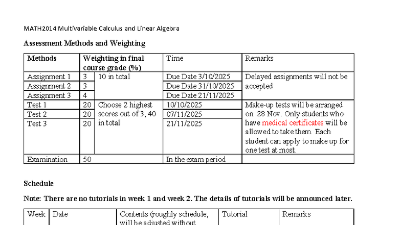 MATH2014 Multivariable Calculus & Linear Algebra Schedule 2025-26 Sem 1 ...