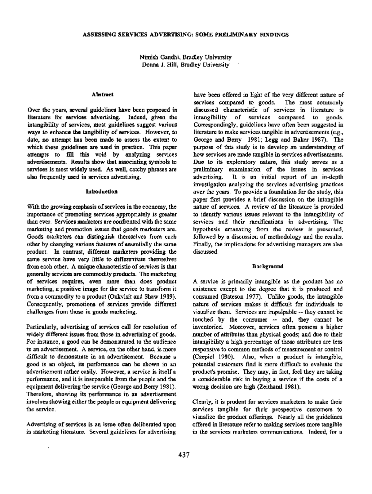 Assessing Advertising Services: Preliminary Findings on Tangibility ...