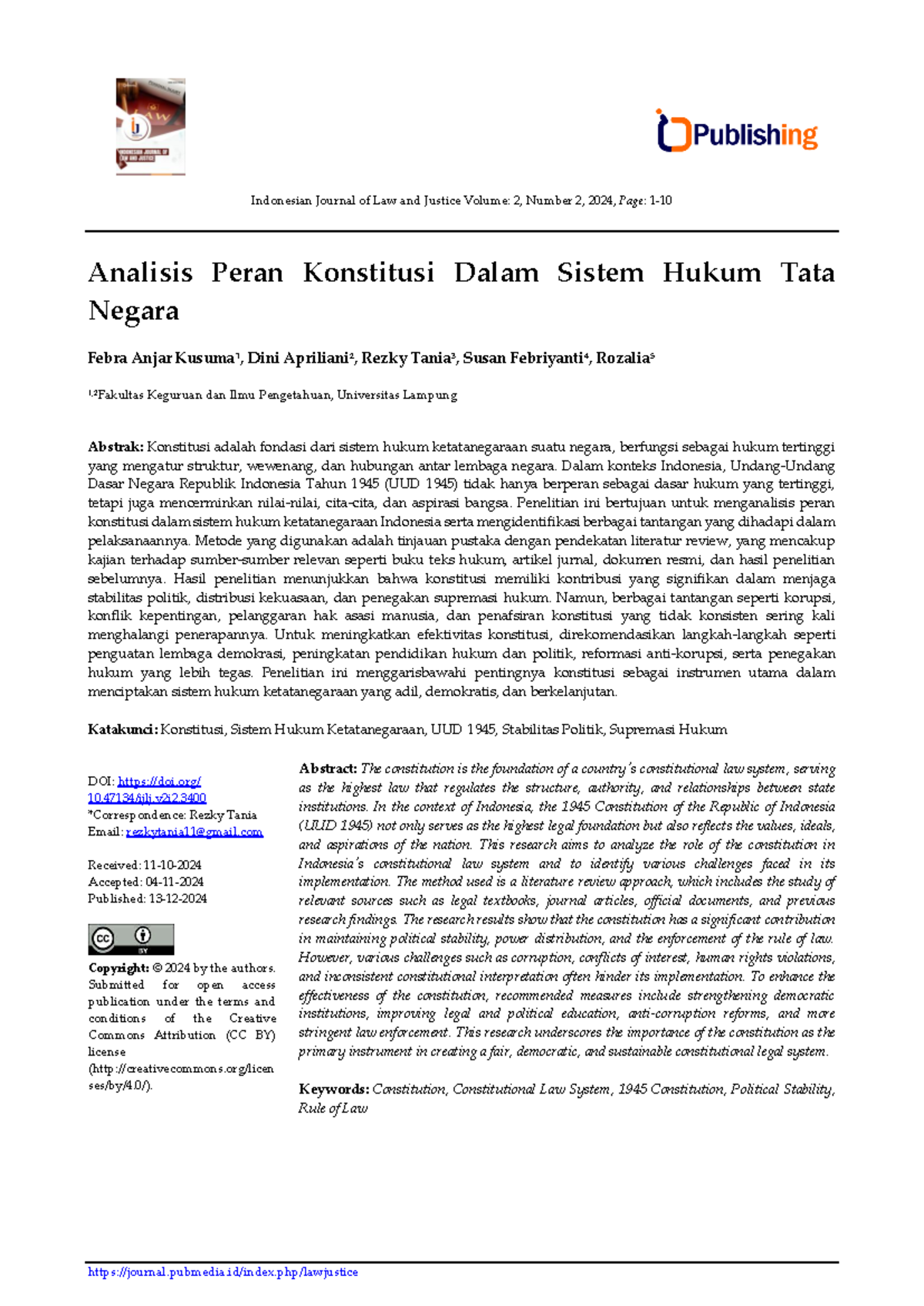 Analisis Peran Konstitusi dalam Hukum Tata Negara di Indonesia (JUR ...