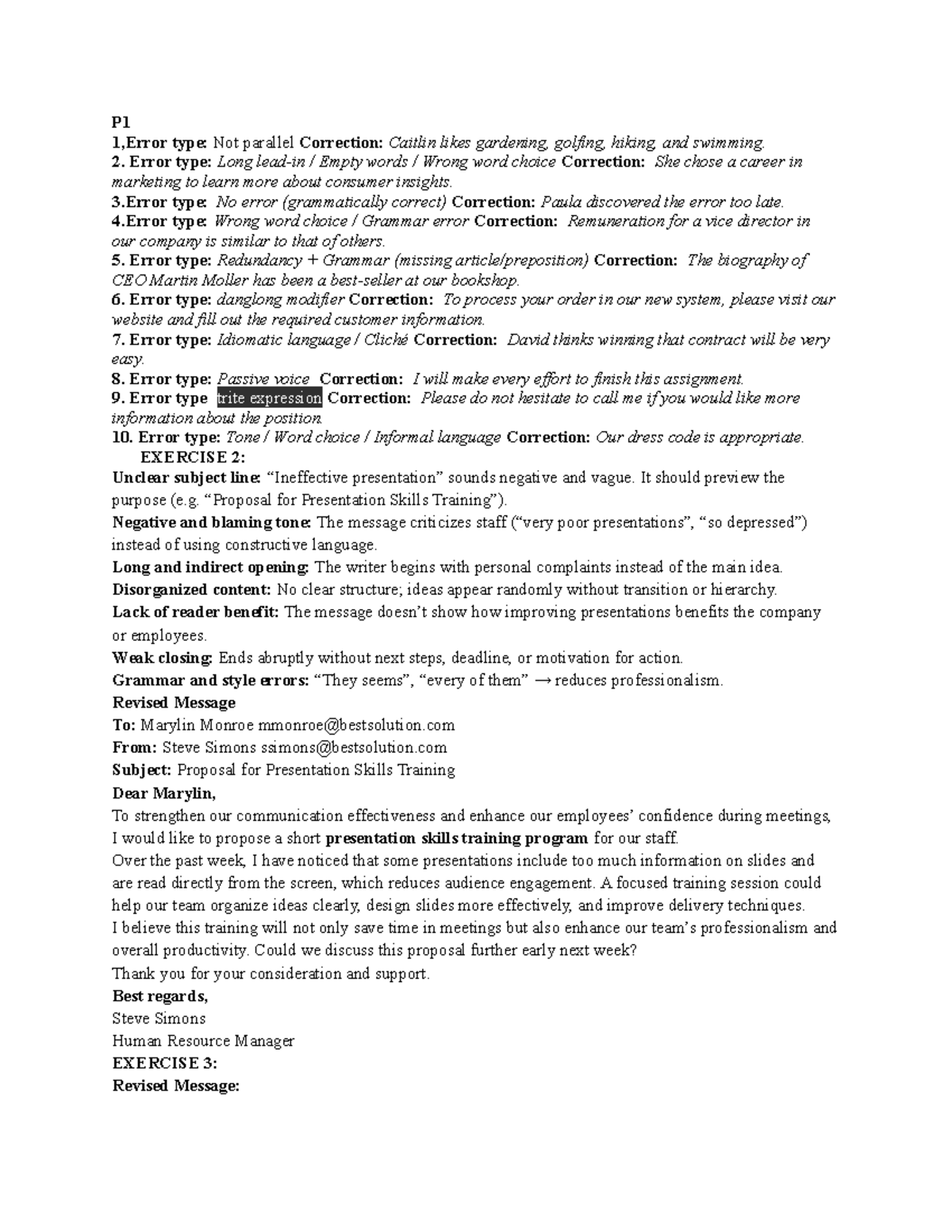 P1 Midterm Exam: Error Correction and Communication Skills Analysis ...