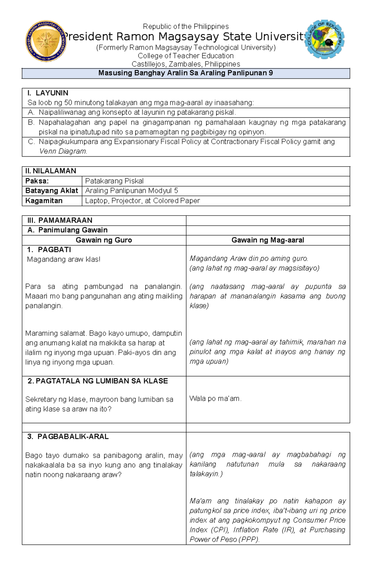 DLP AP 9 Masusing Banghay Aralin sa Patakarang Piskal - Studocu