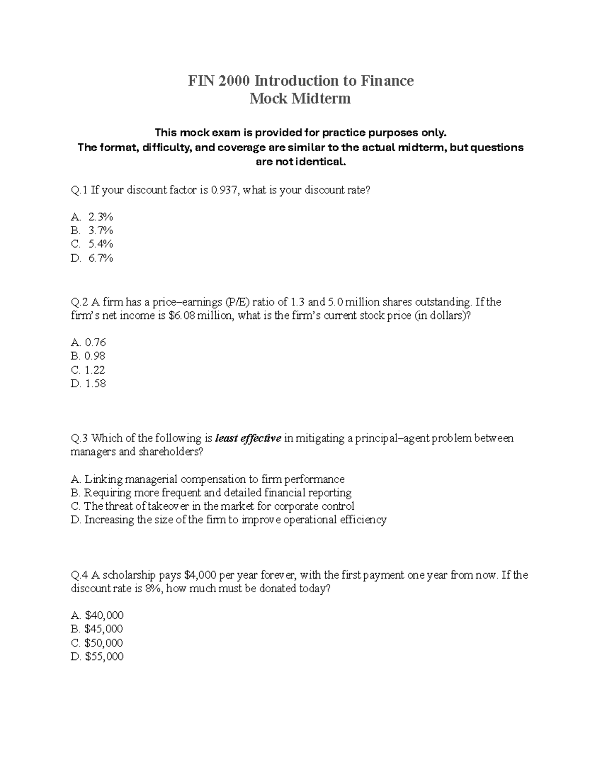 FIN 101 Mock Midterm Exam: Introduction to Finance Practice - Studocu