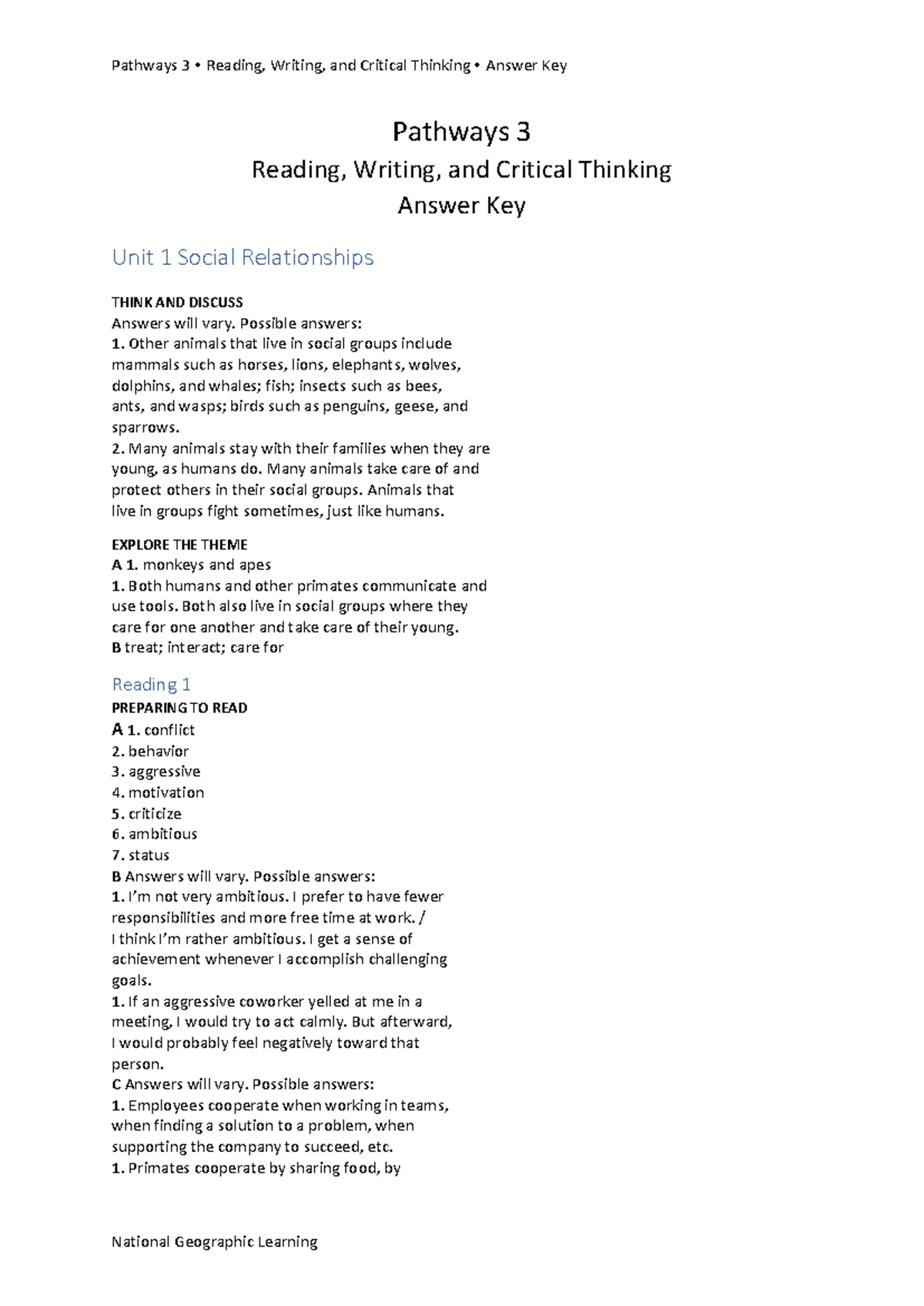 Pathways RW 3 Answer Key - Pathways 3 Reading, Writing, and Critical ...