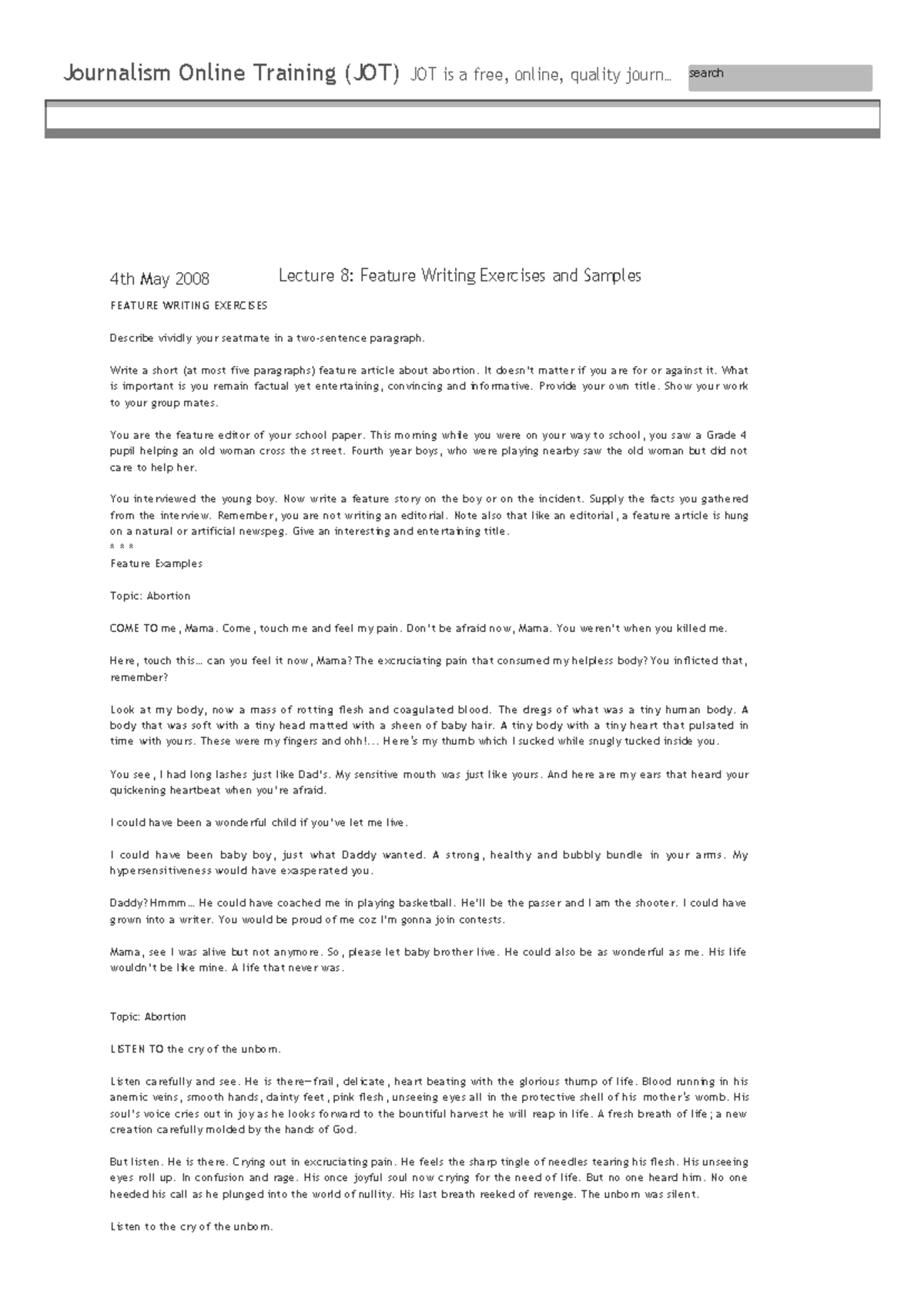 Feature Writing Exercises and Samples (JOT) - Studocu