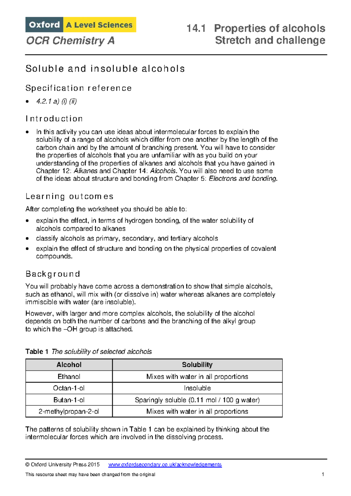 OCR Chemistry A 14.1 Properties of Alcohols: Solubility Questions - Studocu