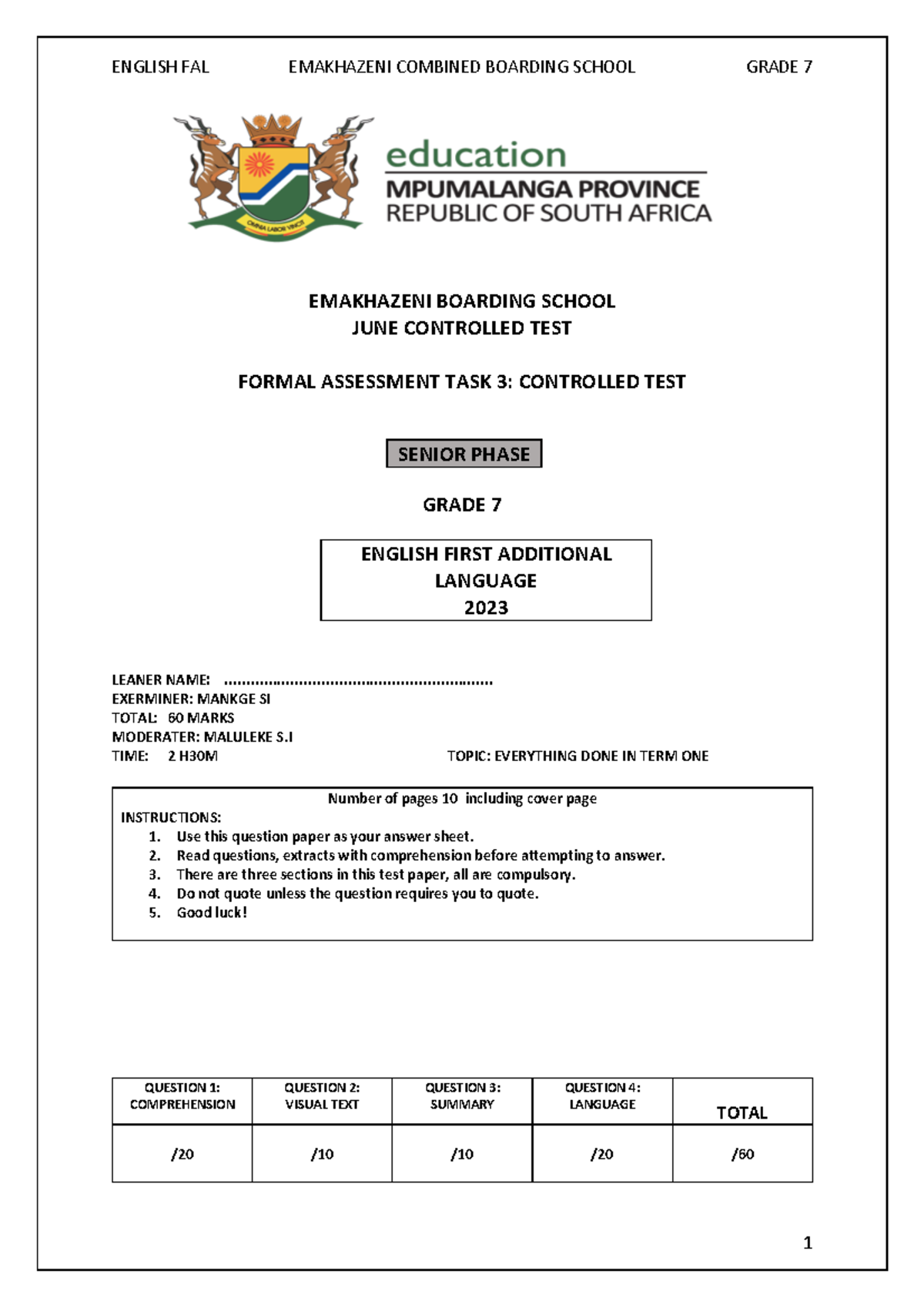 Grade 7 English JUNE CONTROLLED TEST 2023 - Formal Assessment Task ...