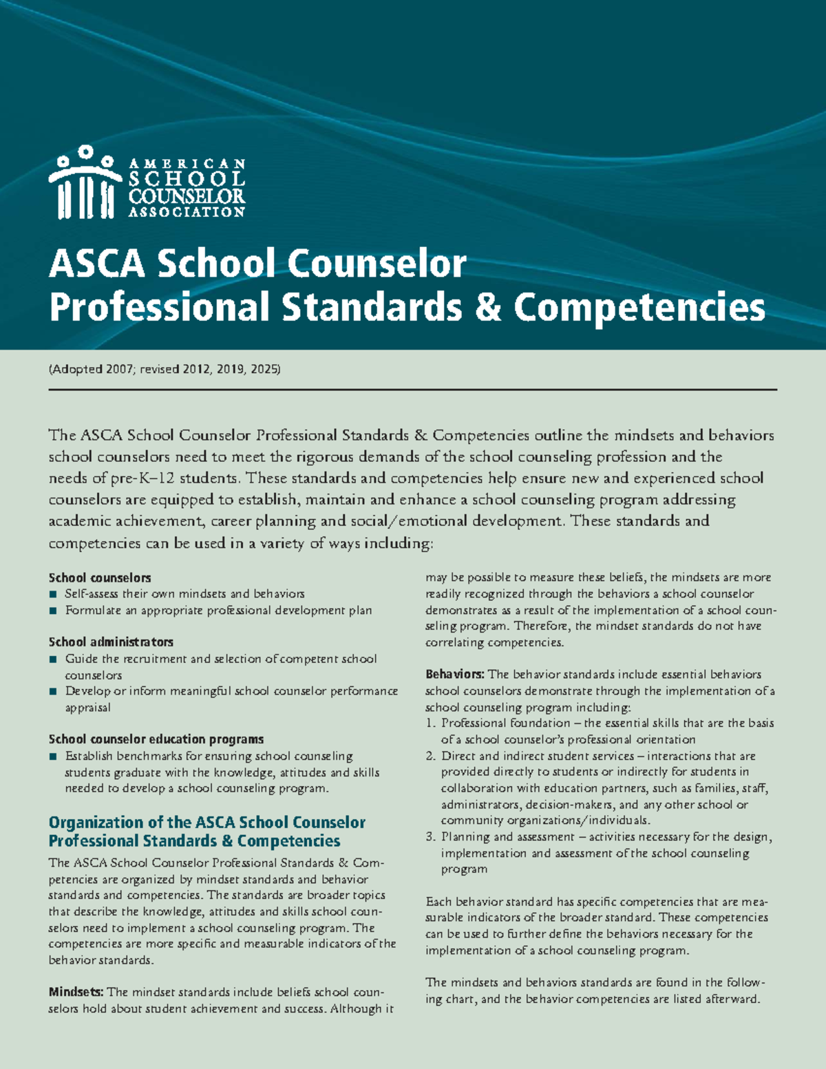 ASCA School Counselor Professional Standards Competencies Overview ...