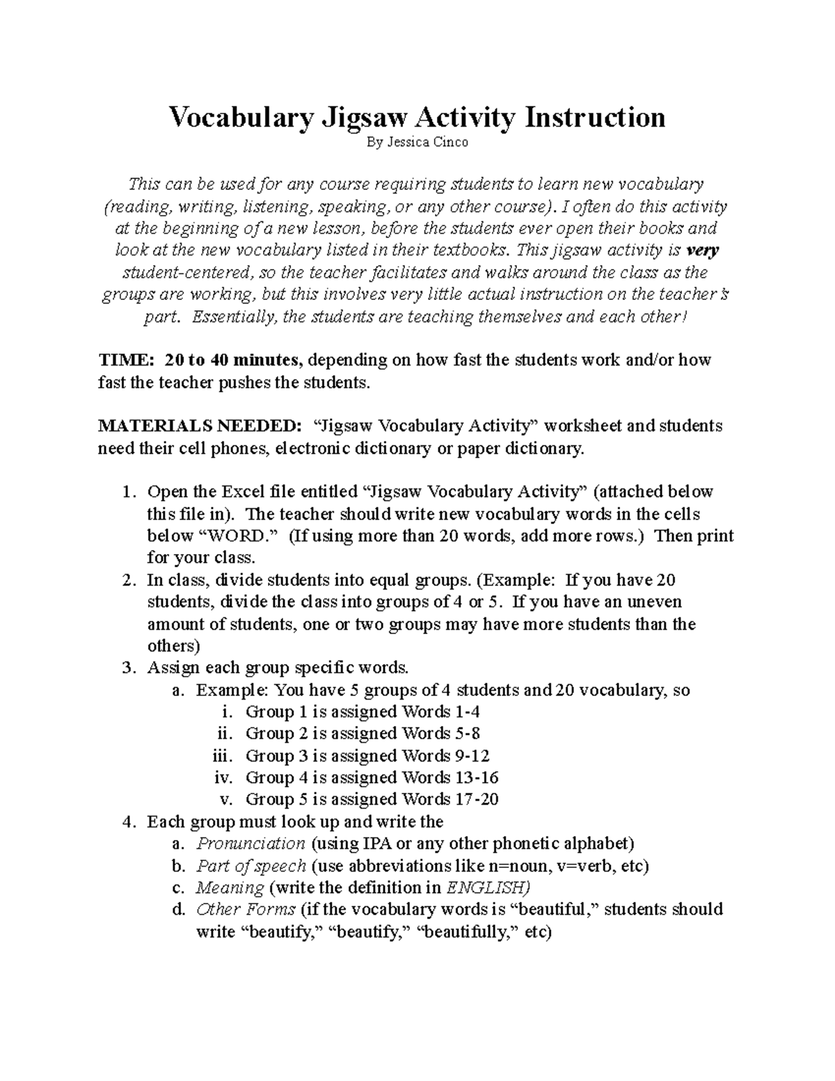 Vocabulary Jigsaw Activity Instructions for Language Learning - Studocu