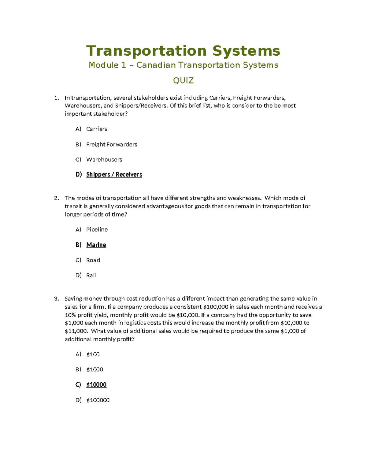 TS Quiz 01 - Canadian Transportation Systems April 2024 ...