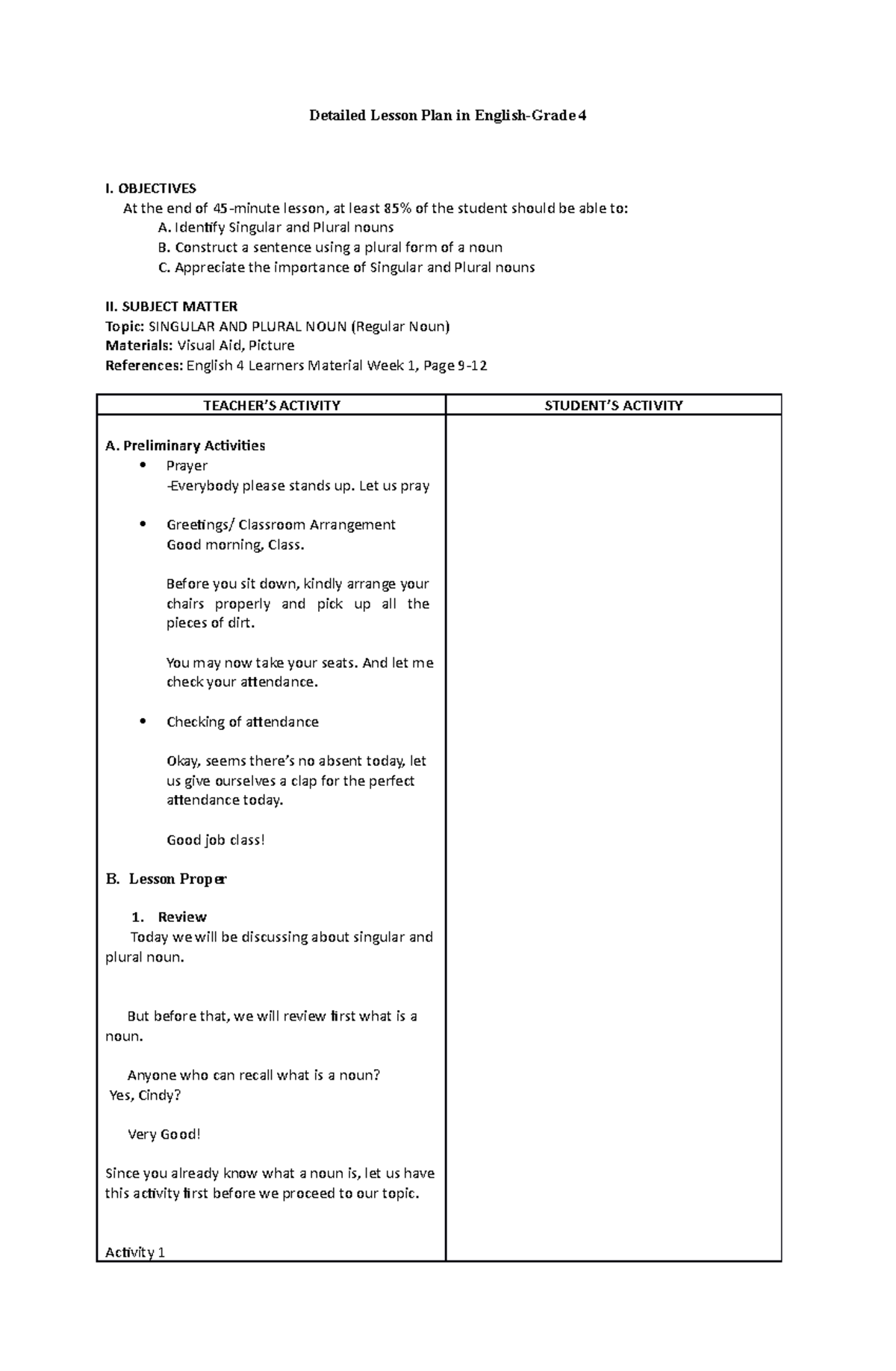 Detailed Lesson Plan in English 4: Singular and Plural Nouns - Studocu