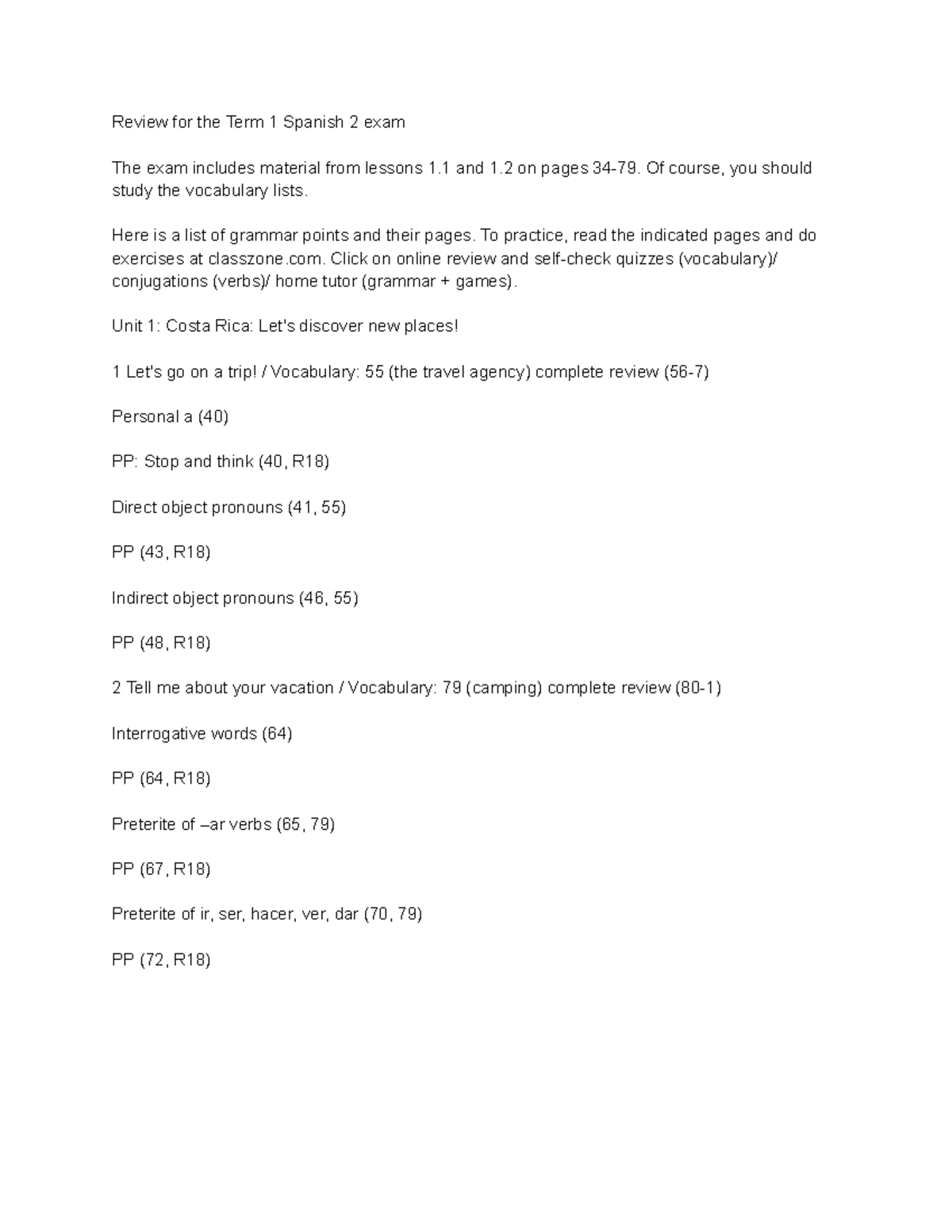 Term 1 Review for Spanish 2 Exam: Vocabulary & Grammar Tips - Studocu