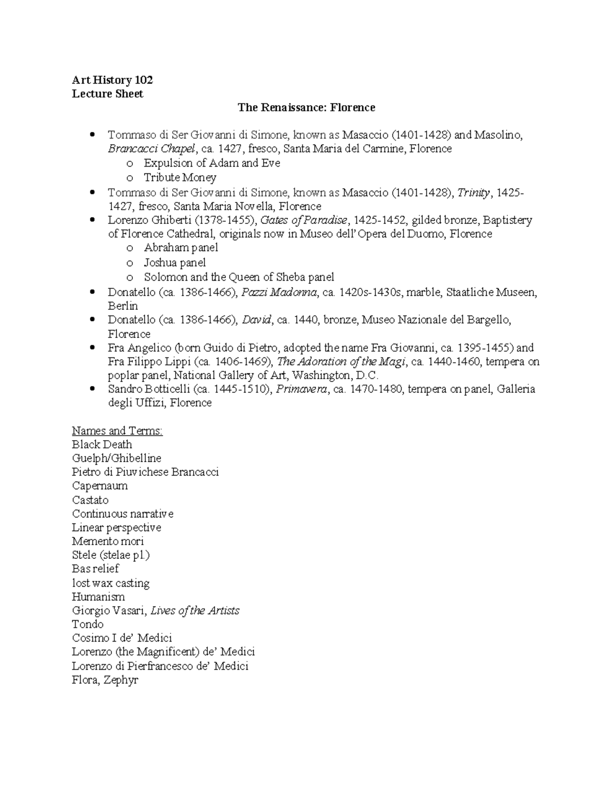 Art History 102 Lecture Notes: Key Renaissance Works in Florence - Studocu