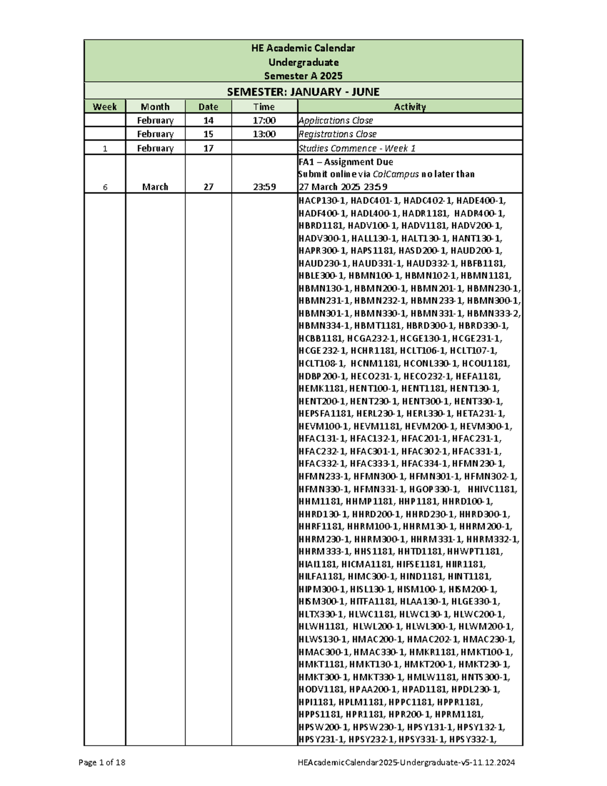 HE Academic Calendar 2025: Undergraduate Semester A & B Details - Studocu