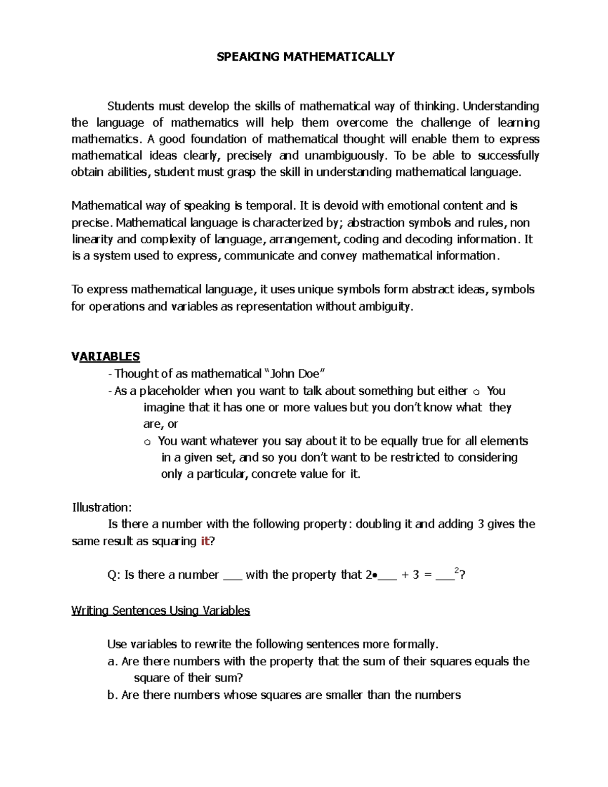 Speaking Mathematically - SPEAKING MATHEMATICALLY Students must develop ...