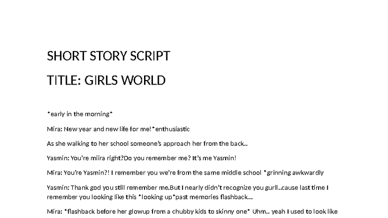 Short Story Script: Girls' World - A New Beginning - Studocu