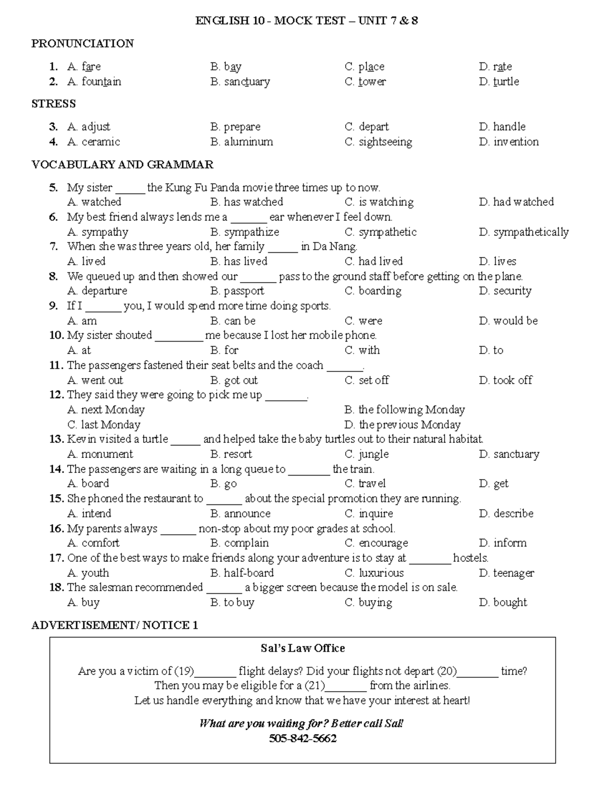 ENGLISH 10 - MOCK TEST ANSWER KEY FOR UNITS 7 & 8 - Studocu