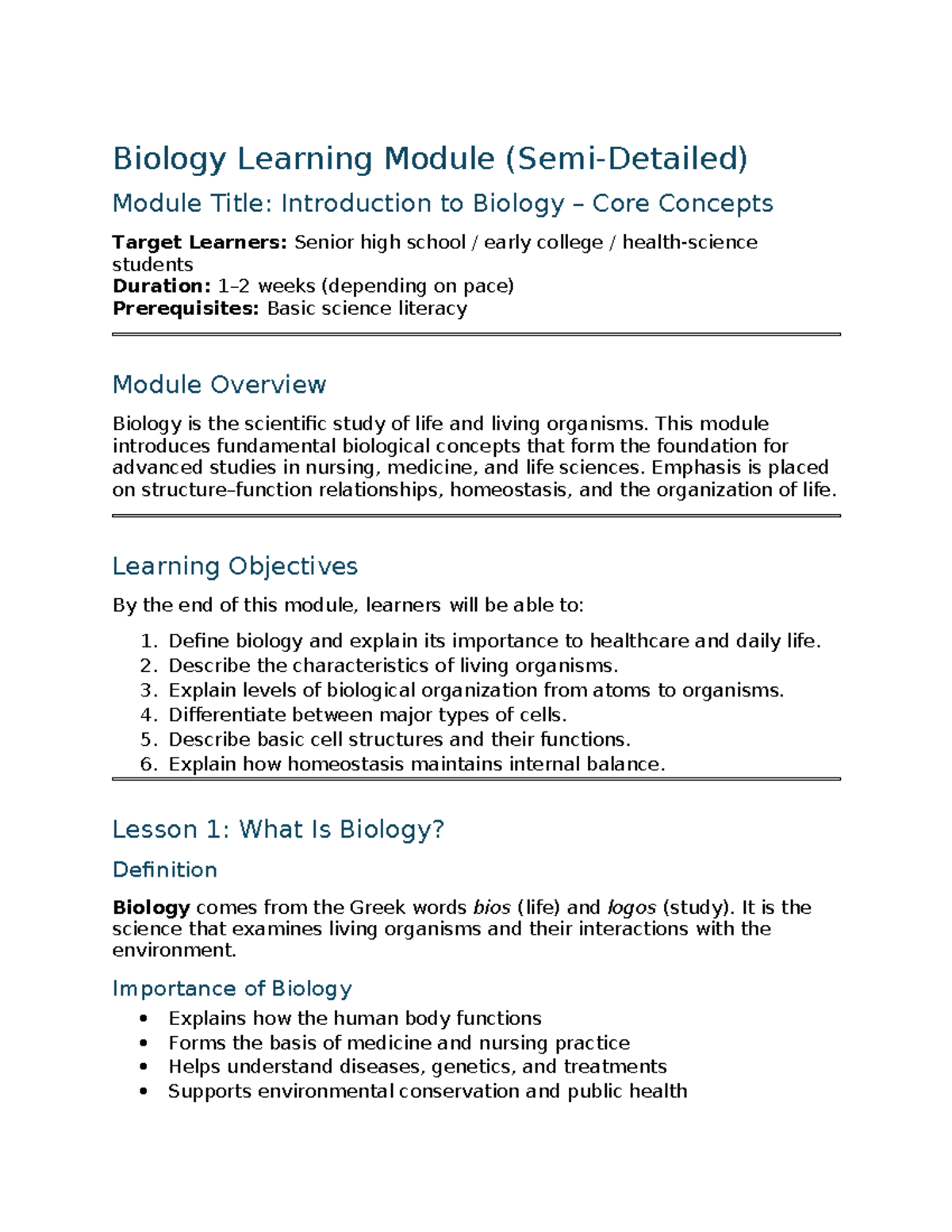 Introduction to Biology (BIO101) – Core Concepts Module - Studocu