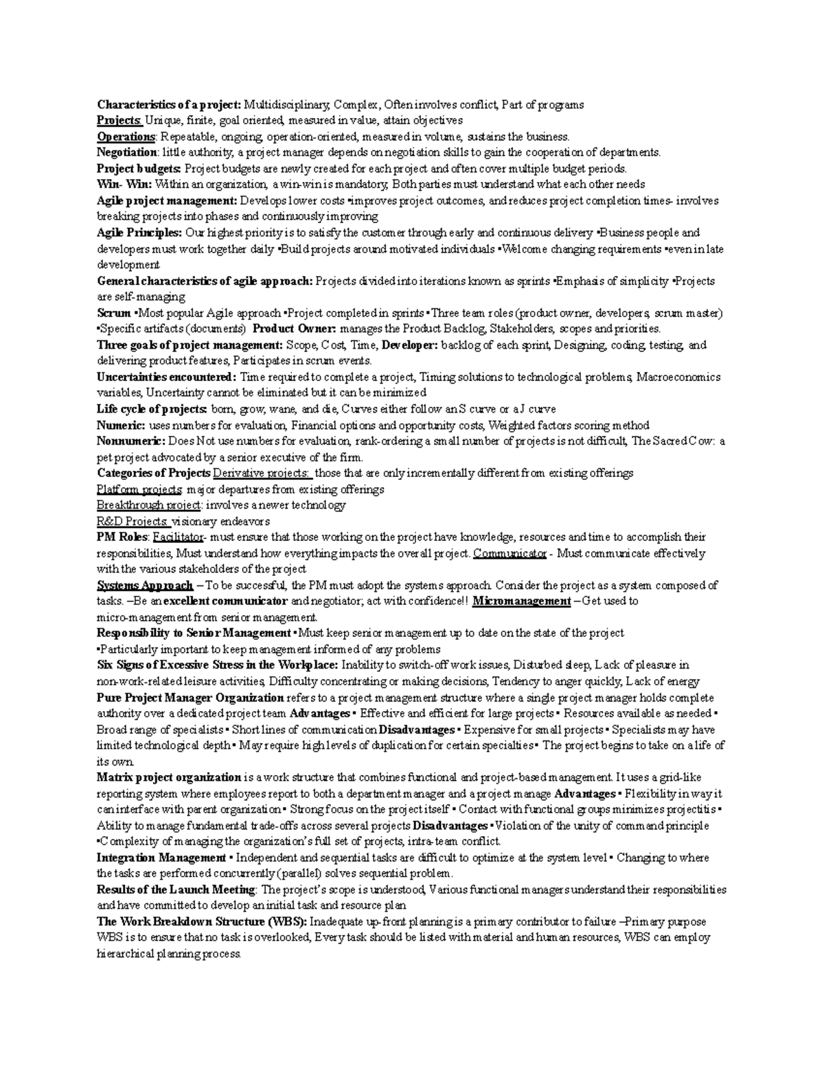 GMS 450 Cheatsheet - cheat sheet - Characteristics of a project: Multidisciplinary, Complex ...