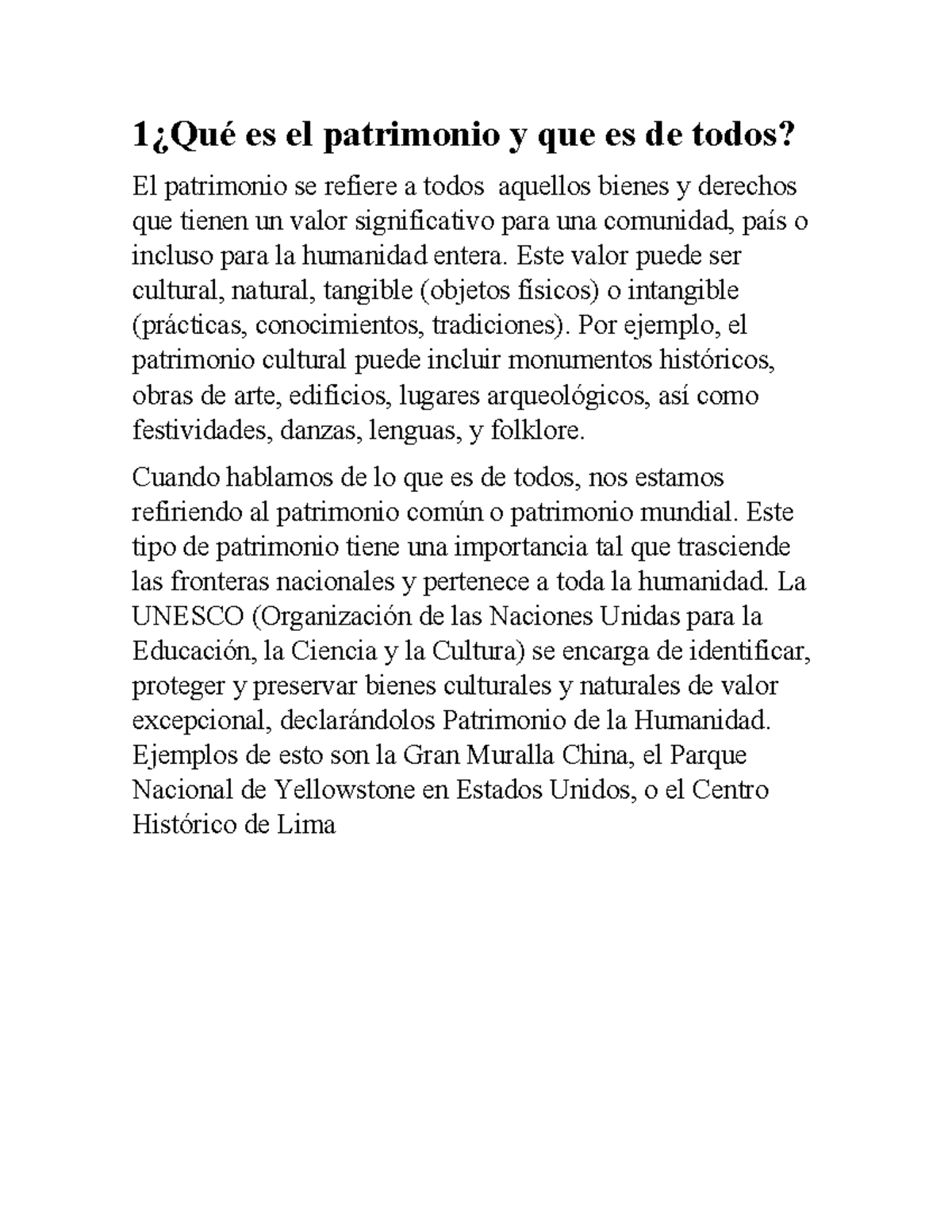 Patrimonio Cultural y Natural: Definición y Clasificación - Studocu
