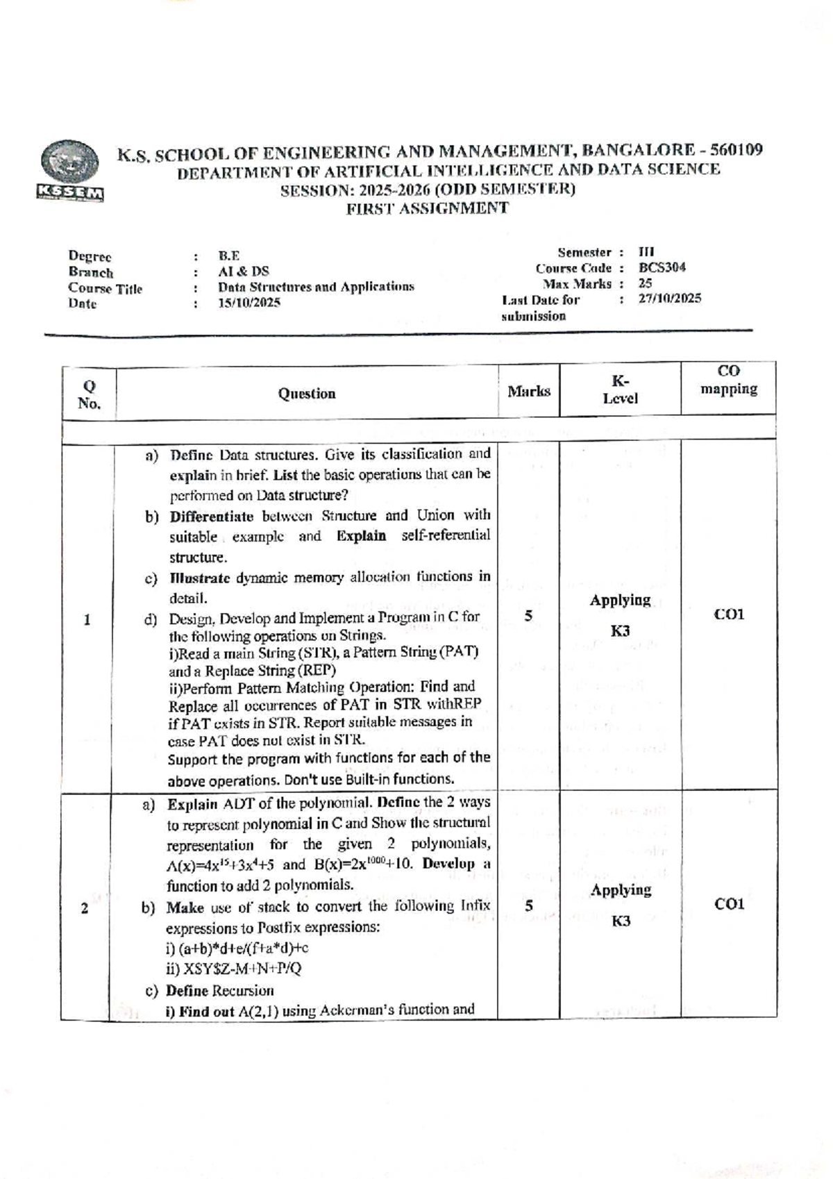 Data Structures and Applications Assignment - BCS304 - Studocu