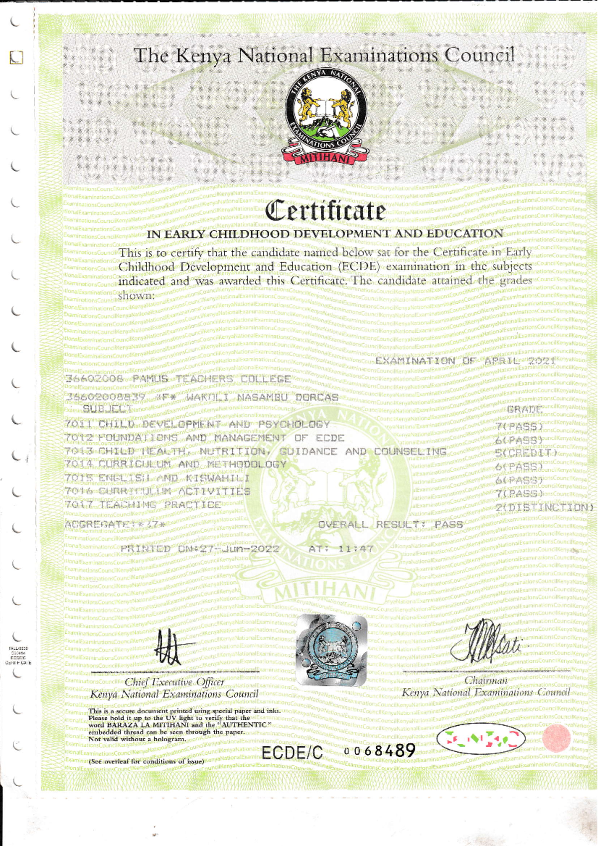 ECDE Certificate Examination Results (FIA1313) - Early Childhood ...