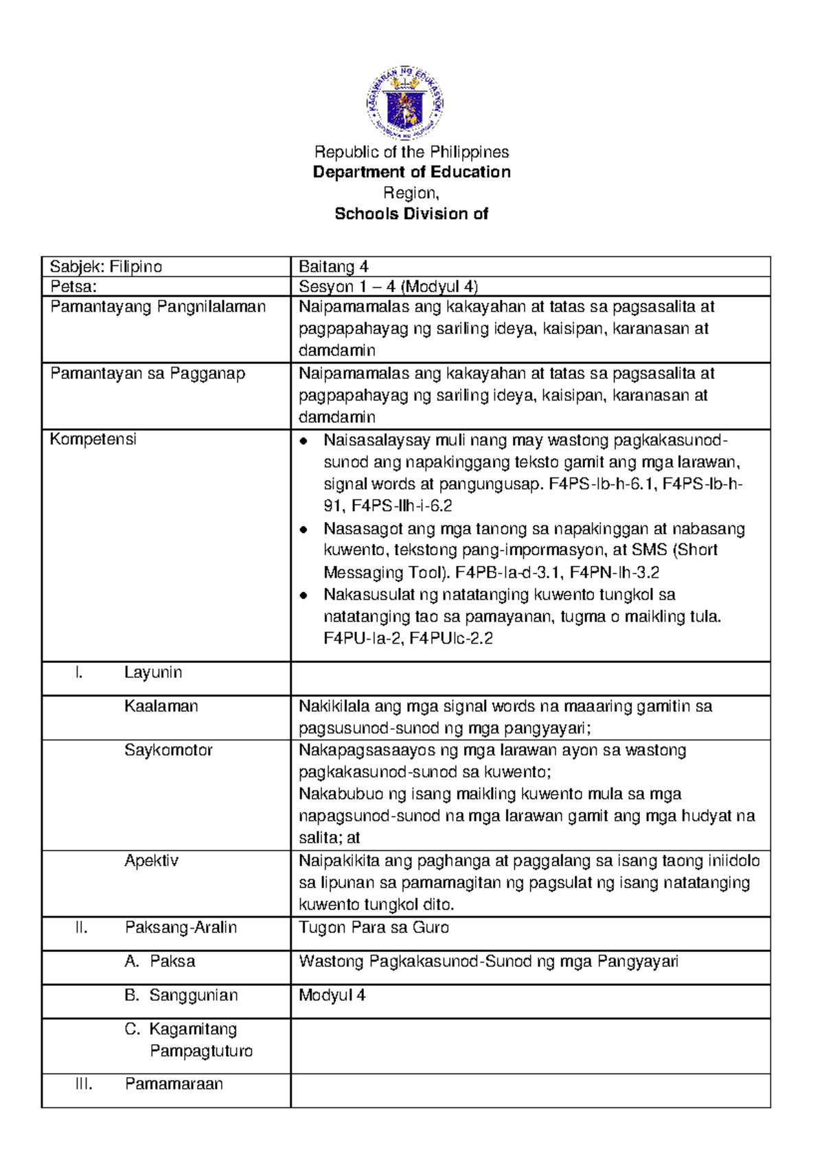 Grade 4 Filipino Lesson Plan - Week 13: Wastong Pagkakasunod-Sunod ...