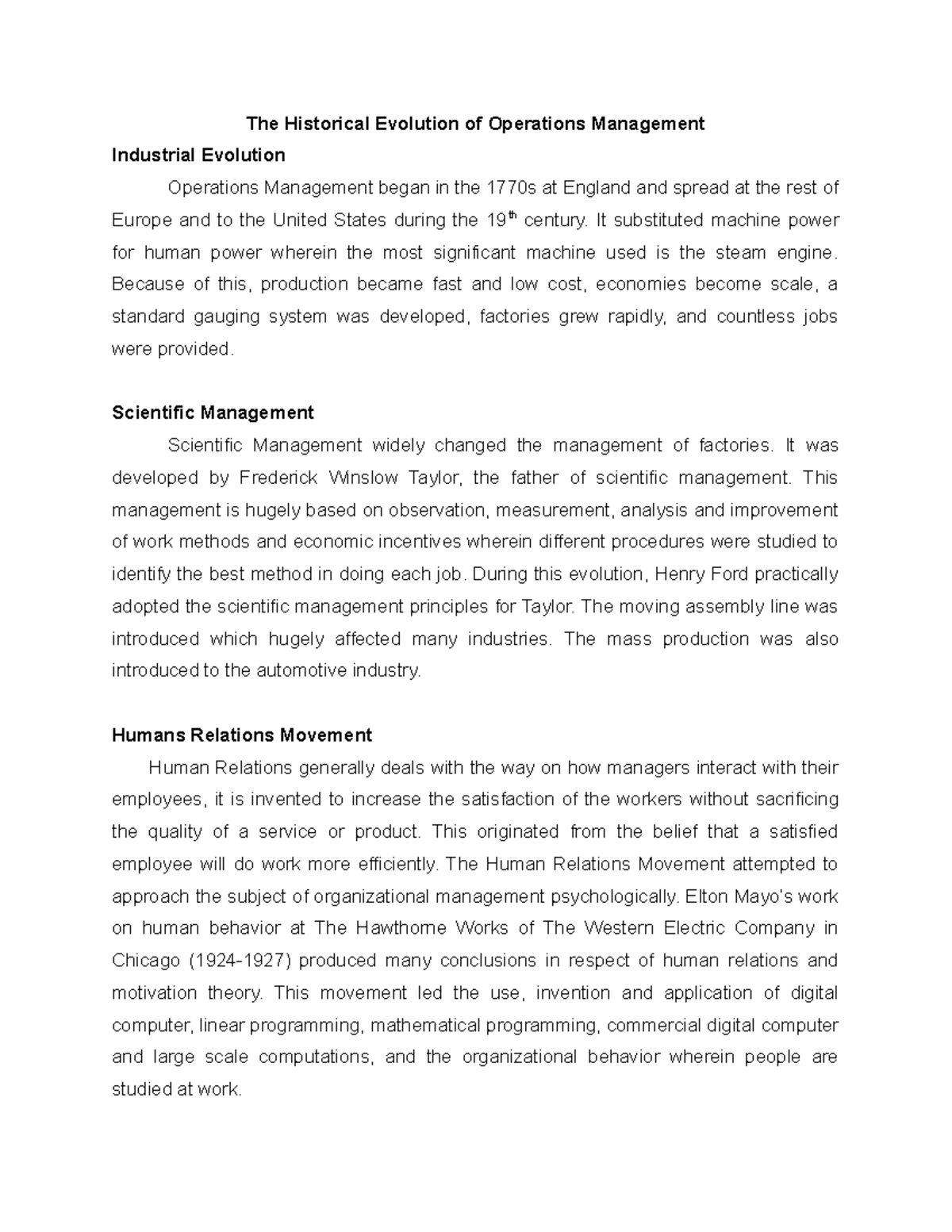 The Evolution of Operations Management: Key Historical Milestones - Studocu