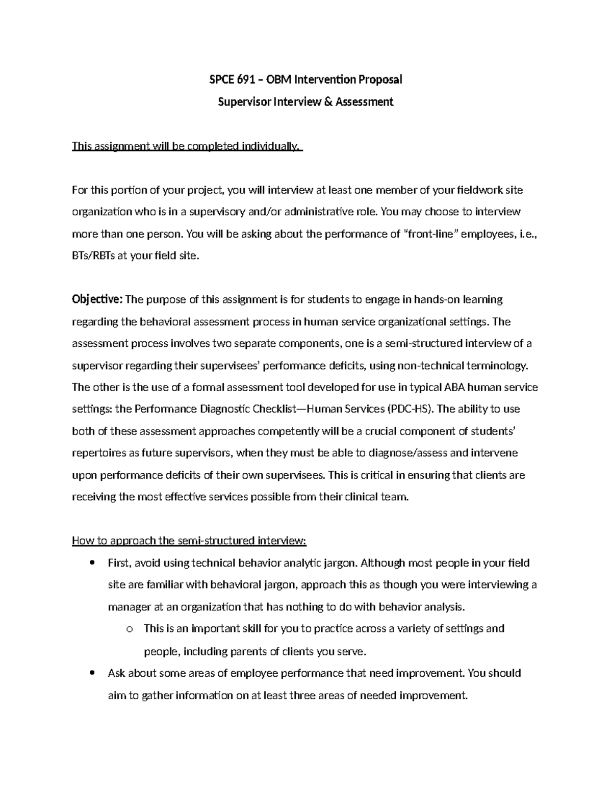 SPCE 691 OBM Intervention Proposal: Supervisor Interview Guide - Studocu