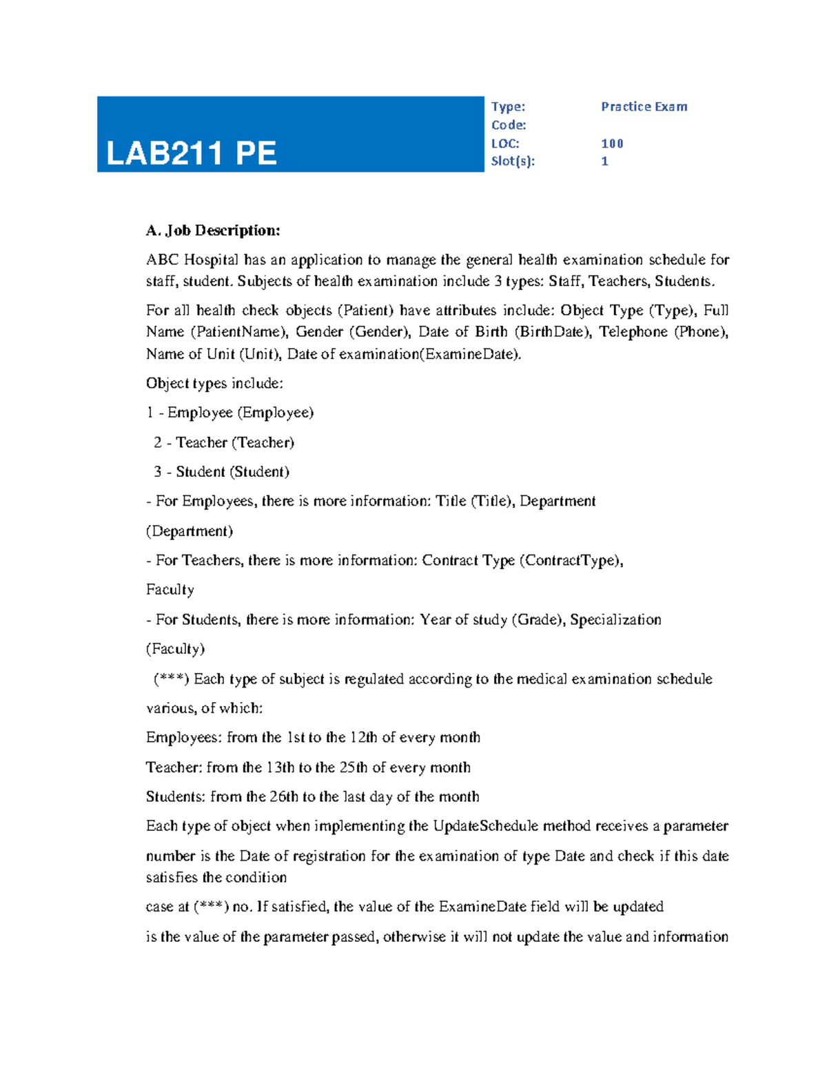 LAB211 Practice Exam: OOP Class Design & Medical Schedule Management - Studocu