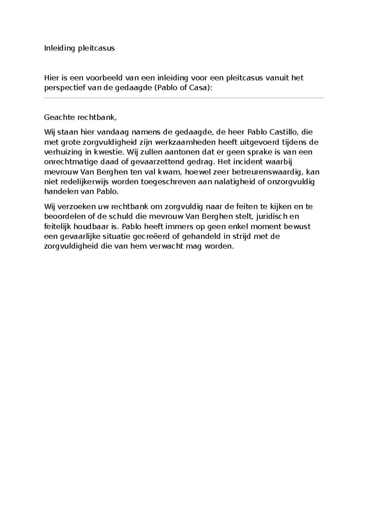 Inleiding Pleitcasus: Verdediging van de Gedaagde (Pablo Castillo ...