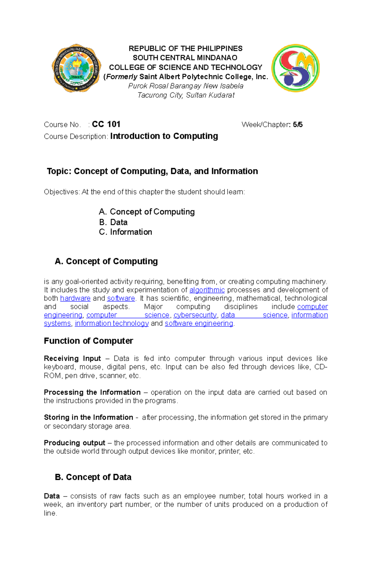 CC 101: Introduction to Computing Concepts - Chapter 5 - Studocu