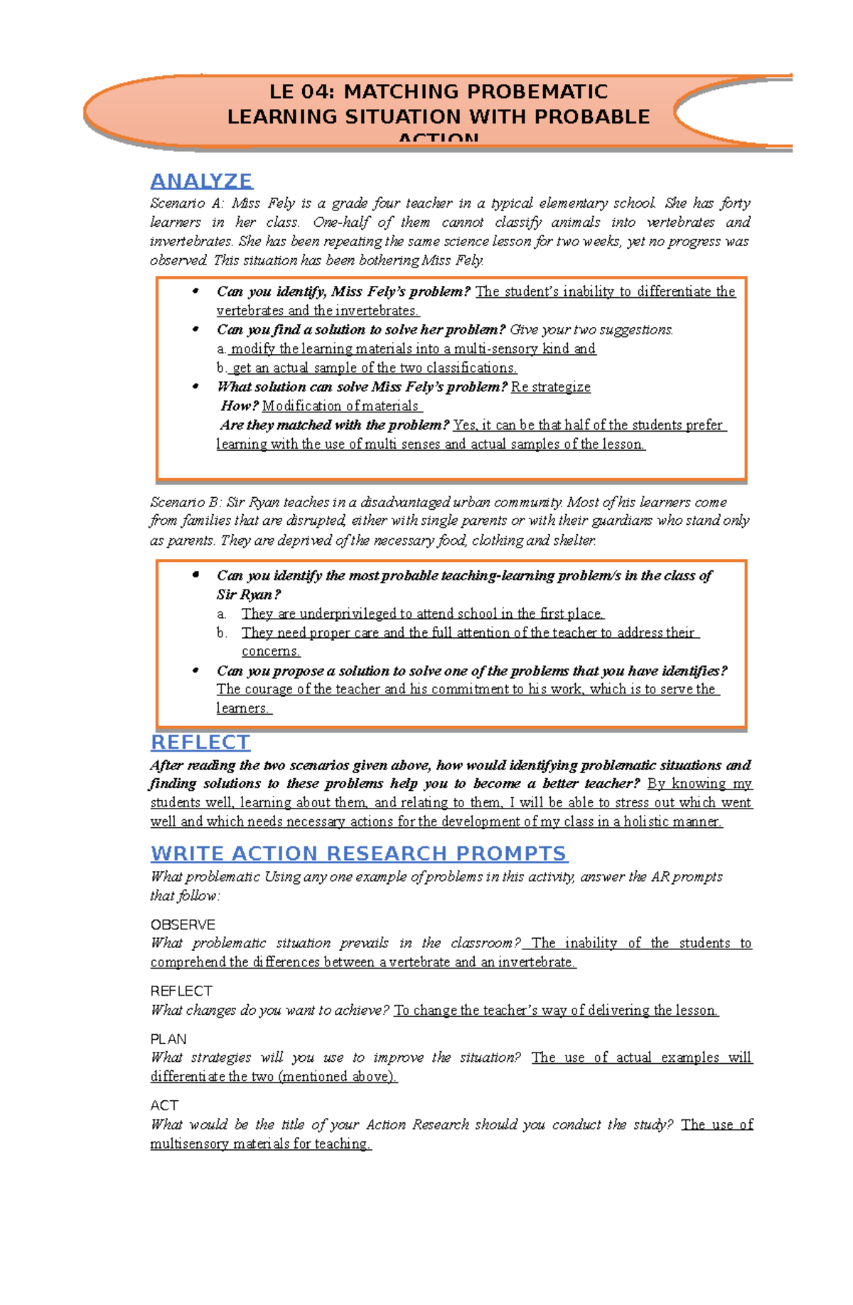 FS2-LE4 - Action Research Insights on Teaching Challenges - Studocu