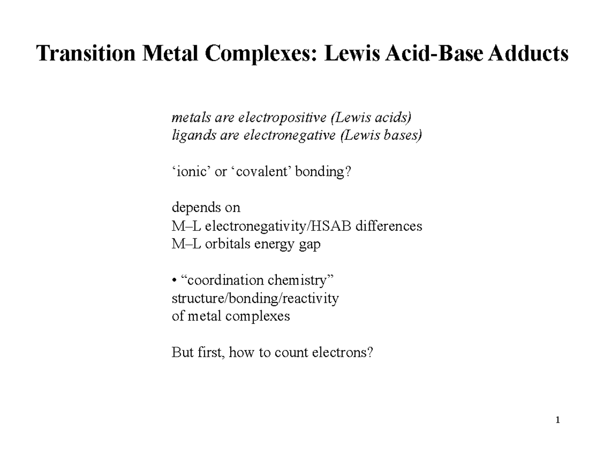 Transition Metal Complexes: Electron Counting and Coordination ...