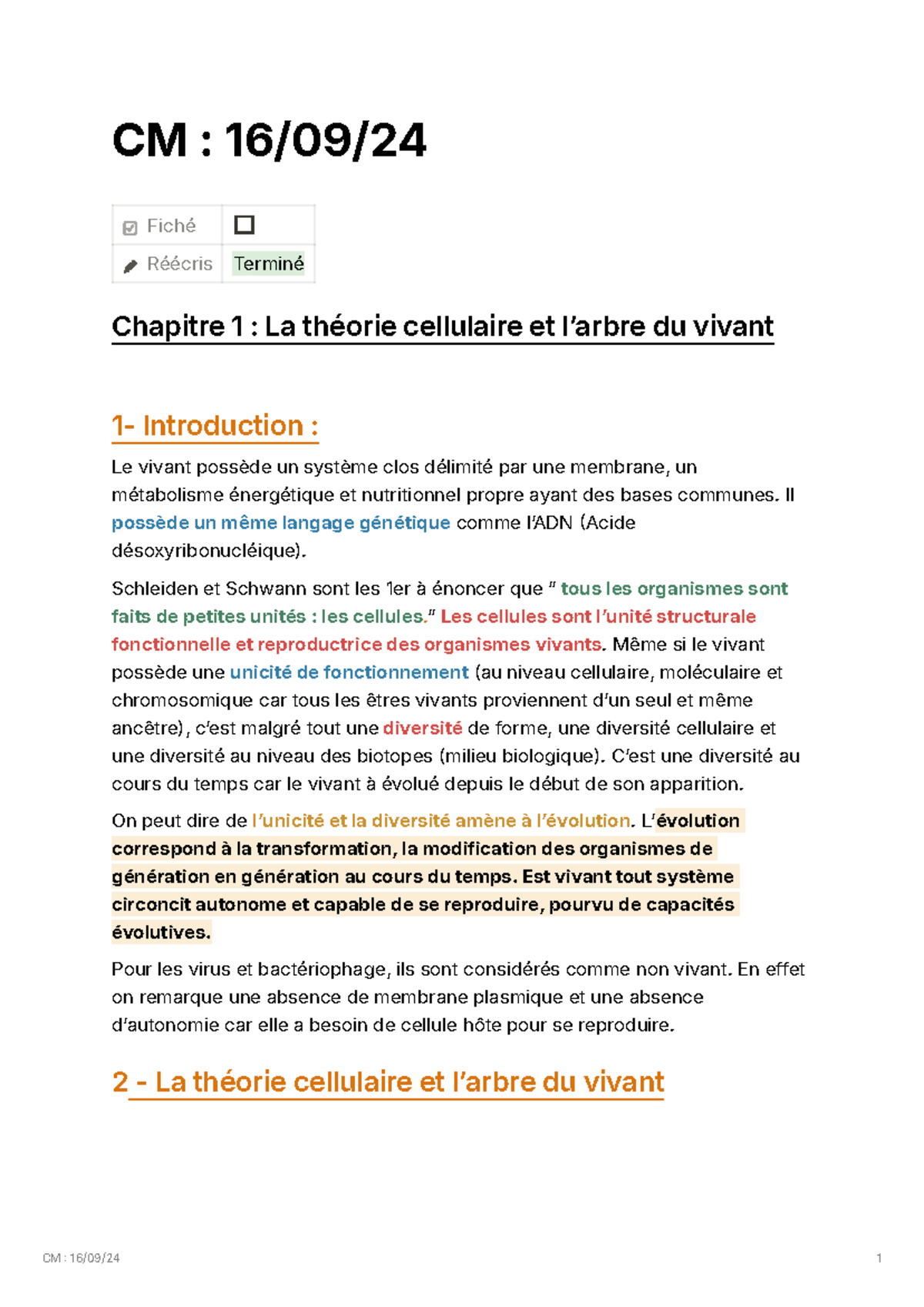 Chap 1 la théorie cellulaire et arbre du vivant S1 - CM : 16/09/ Fiché ...