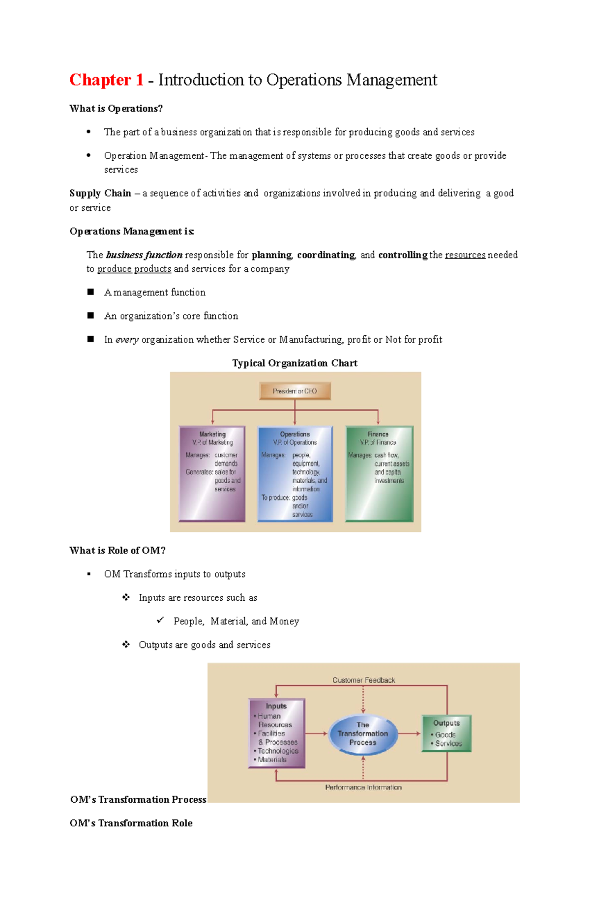 Chapter 1: Intro to Operations Management - Key Concepts & Roles - Studocu