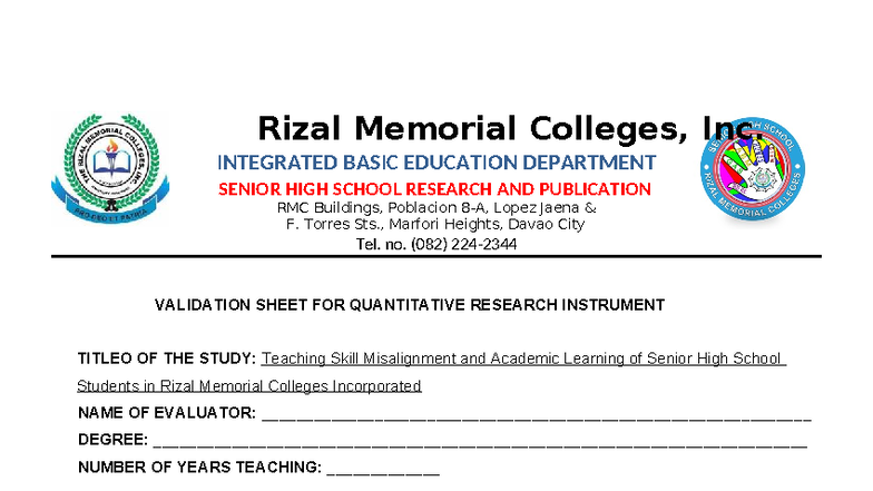 Validation Sheet for Quantitative Research: Teaching Skill Misalignment ...
