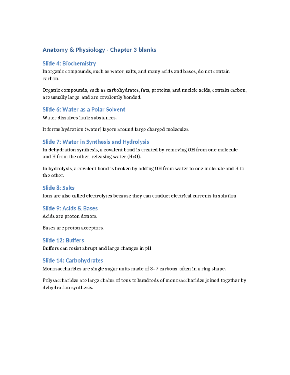 Anatomy & Physiology - Chapter 3 Study Notes on Biochemistry - Studocu