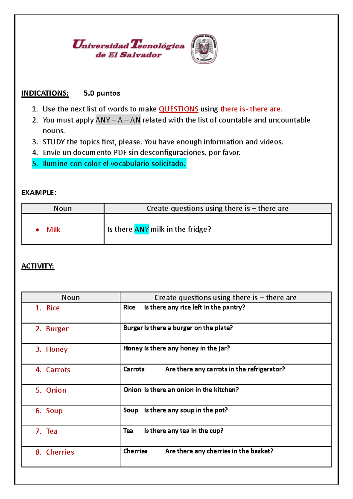 Activity #6 Questions -There is-There are KW - INDICATIONS: 5 puntos 1 ...