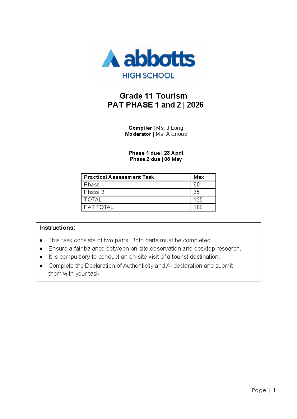Gr 11 Tourism PAT: Practical Assessment Task Phase 1 & 2 2026 - Studocu