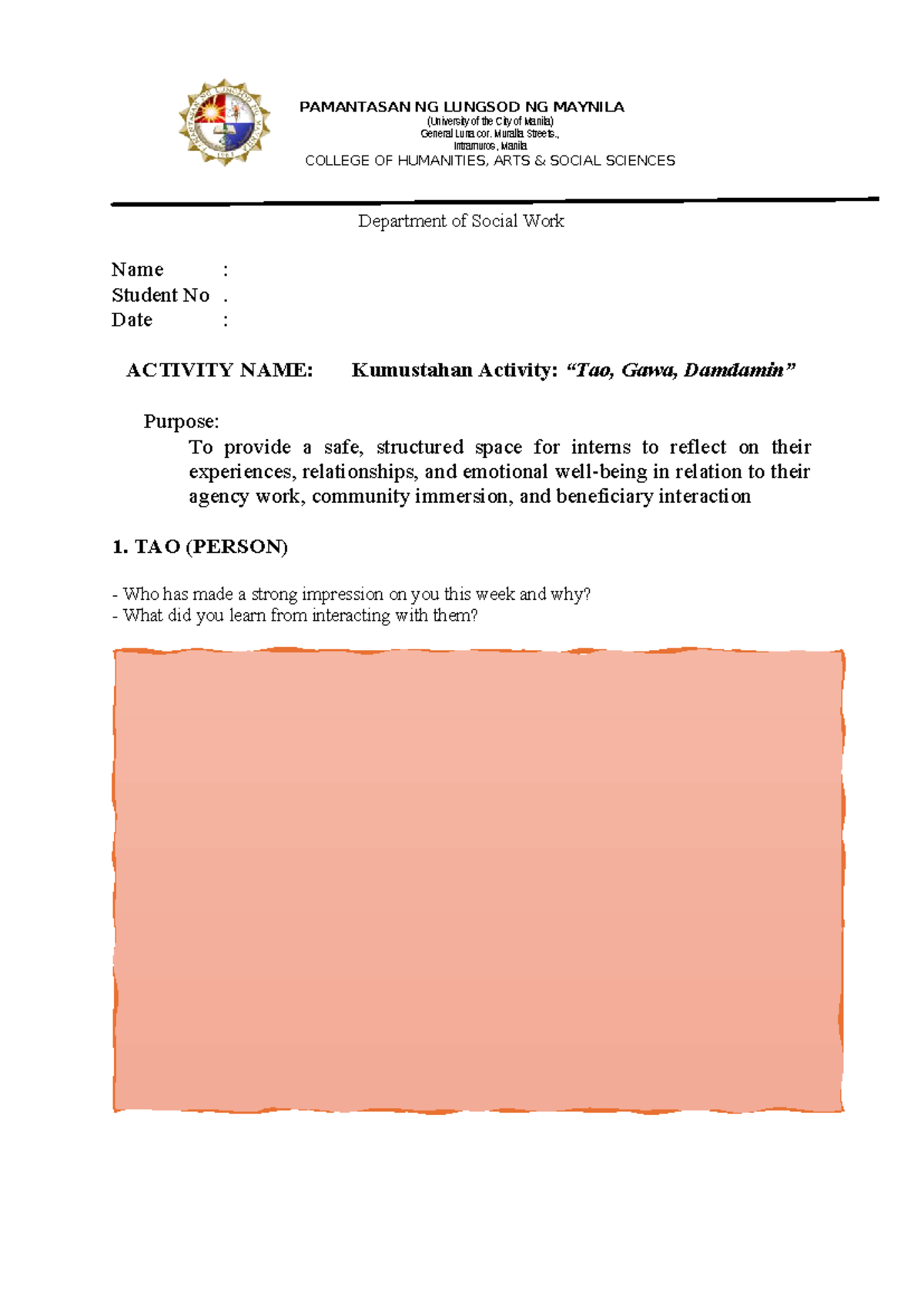 Kumustahan Activity Reflection for Interns - SW 101 - Studocu