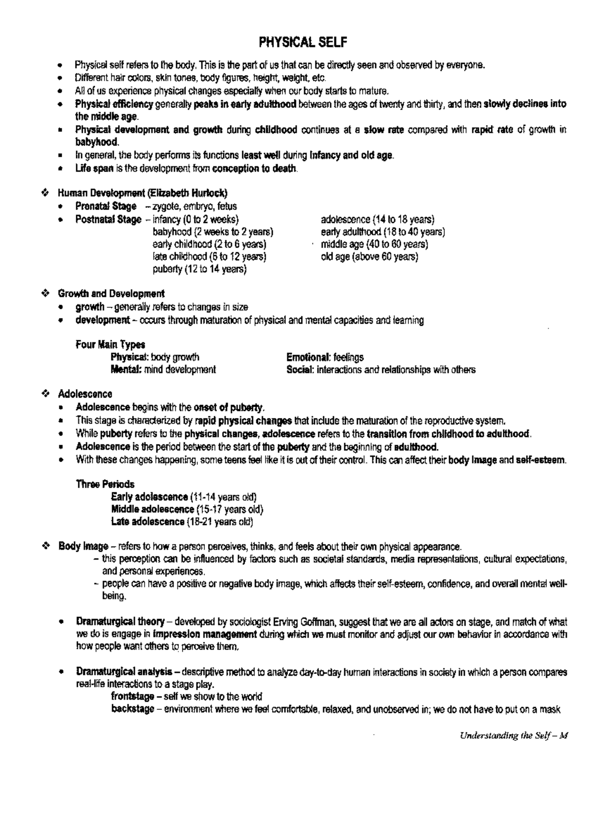 USelf-Physical-Self: Understanding Body Image & Development Stages - Studocu