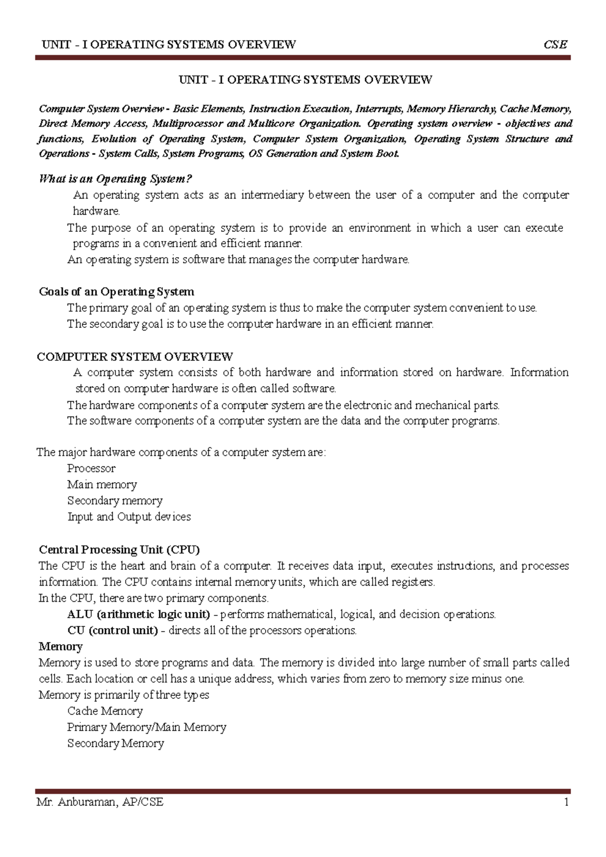 Unit-I -OS Overview - Unit 1 of operating system - Mr. Anburaman, AP ...