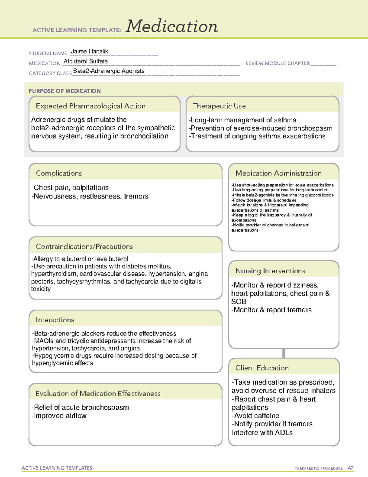 ATI Medication Template: Albuterol (Beta2-Adrenergic Agonist) - Studocu