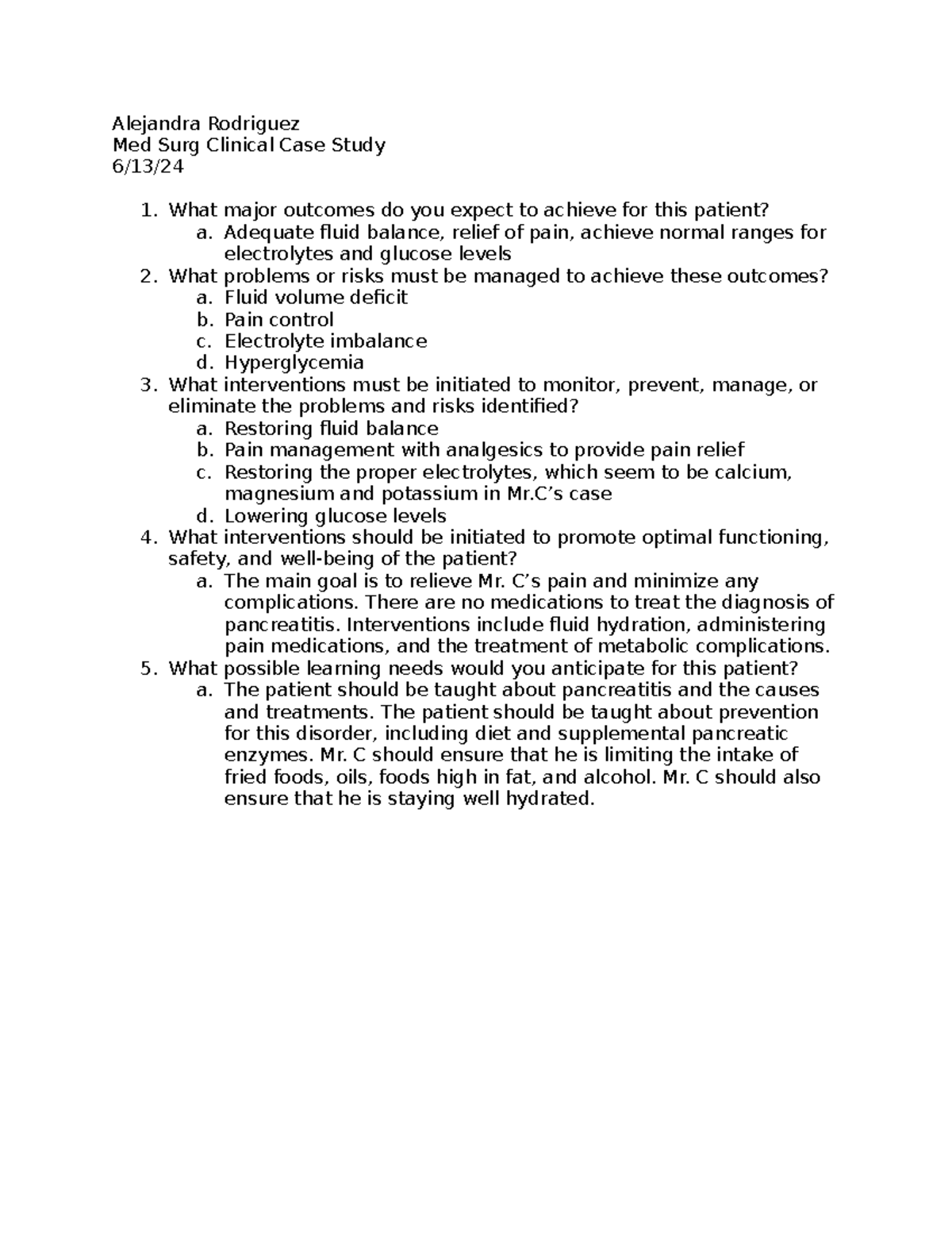 Med Surg Clinical Case Study: Patient Outcomes & Interventions - Studocu