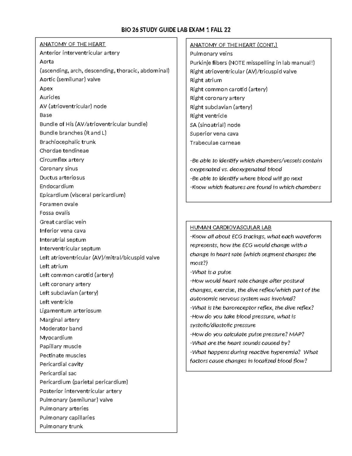 BIO 26 Study Guide for LAB EXAM 1 F22: Anatomy of the Heart - Studocu