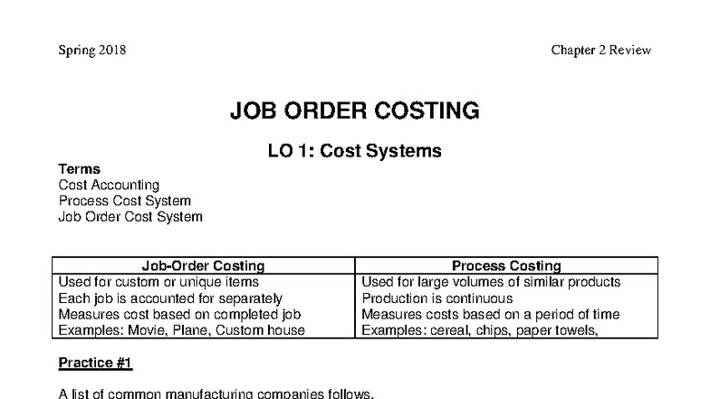 Spring 2018 Chapter 2 Review: Job Order vs. Process Costing - Studocu